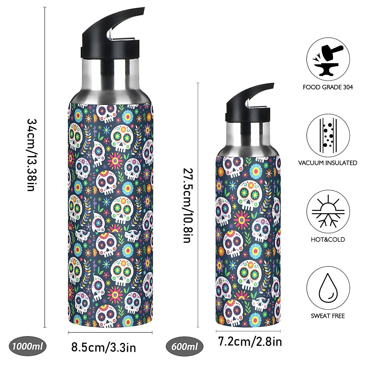 Sugar Skulls Water Bottle with Straw Lid Double Wall Daisy Thermos Bottle Vacuum Insulated Flask Stainless Steel Water Bottle for Gym Outdoor 20 OZ