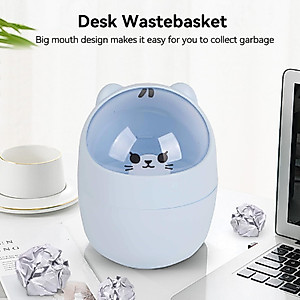 Cute Mini Desktop Trash Can, Cartoon Cat Animal Shape Waste Paper Bin with Swing Lid Mini Countertop Trash Can Small Garbage Can(Blue)