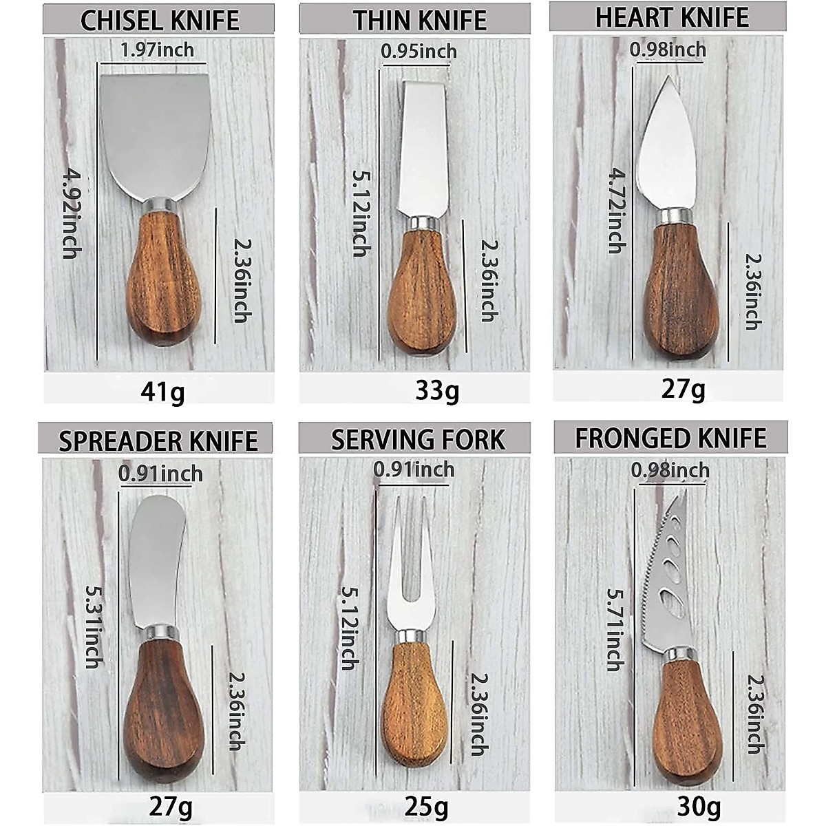 KT-GARY Premium 6-Piece Cheese Knife Set - Acacia Wood Handle Stainless Steel Cheese Knives for Charcuterie Board