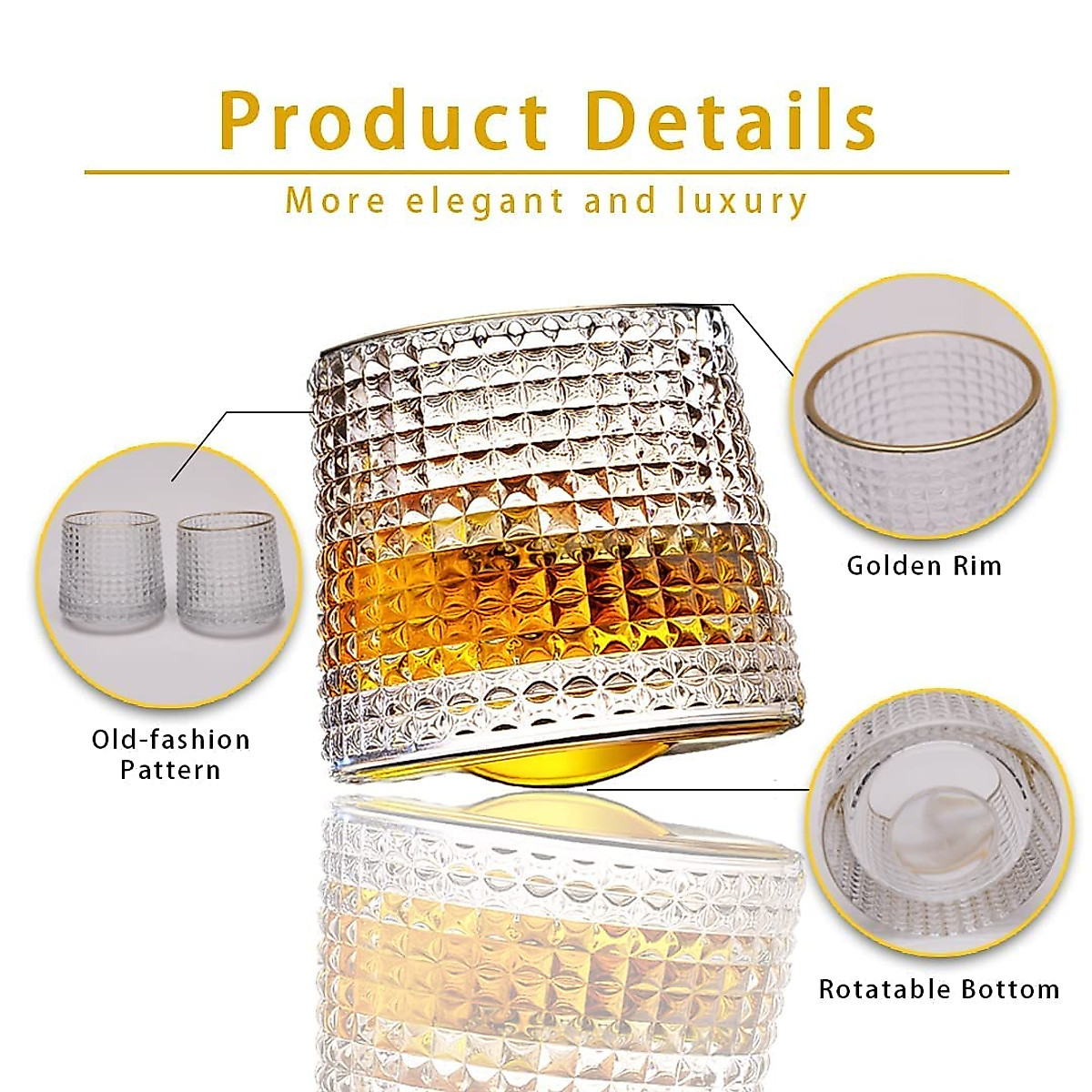 LEMOYEE Whiskey Glasses- Rotatable Set with Golden Rim For Perfect Idea for Scotch Lovers,Style Glassware for Bourbon,Clear Set of 4
