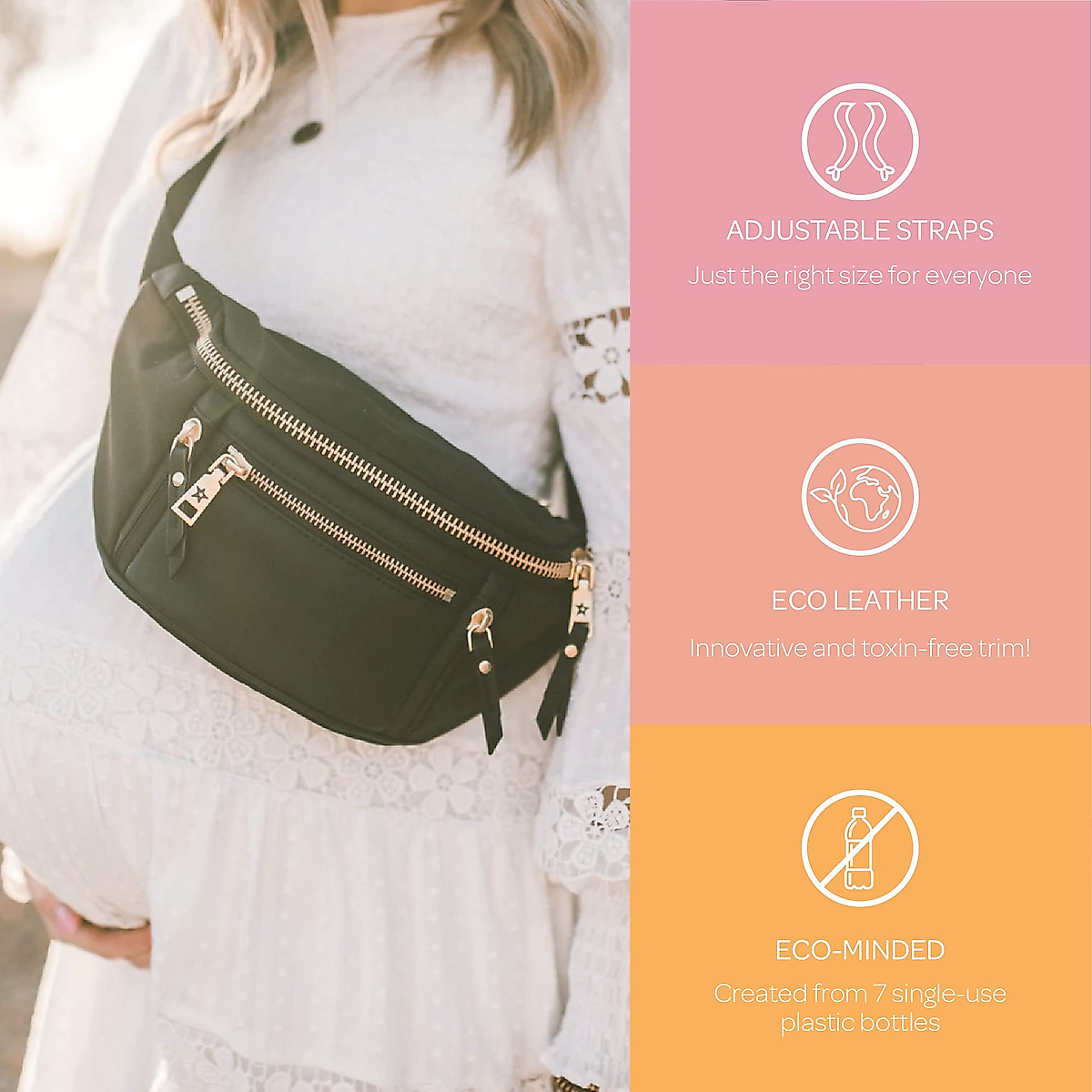 JuJuBe Eco Sling Bag, Fashion Cross Body Bag Fanny Pack for Moms, Waterproof Travel Waist Pack or Crossbody Belt Bag with Adjustable Straps, Includes 5 Zipper Pockets and Credit Card Slots, Truffle