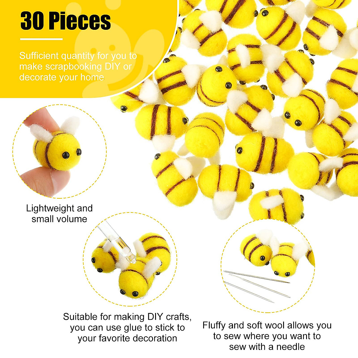 Skylety Wool Felt Bees Mini Crafts Cute Plush Toy Crafts Honey Bee for Crafts DIY Baby Shower Gender Reveal Gift Bee Themed Party Favors Jewelry Accessory Tiered Tray Decoration (30 Pieces)