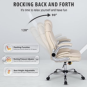 Comermax Modern Executive Office Chairs with Lumbar Support, 90-120° Rocking Managerial Chair Ergonomic PU Leather Home Office Desk Chairs with Wheels, Flip-up Arms & Back Support (White)
