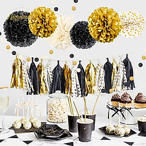 NICROLANDEE Black Gold Party Decoration, 23PCS Tissue Paper Pom Poms Kit Hanging Polka Dot Paper and Tissue Tassel for Birthday, Graduation, Wedding, New Years Decorations