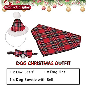ADOGGYGO Christmas Dog Bandana Hat Bowtie, Red Plaid Dog Christma Bandana Scarf Xmas Dog Hat Cute Plaid Dog Bow, Dog Christmas Costume Accessories for Small Medium Large Dogs Pets (Large, Red-2)