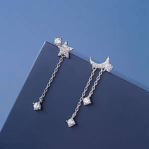 Reffeer Solid 925 Sterling Silver Asymmetric Moon Star Dangle Earring for Women Teen Girls CZ Drop Earrings Tassel Chain