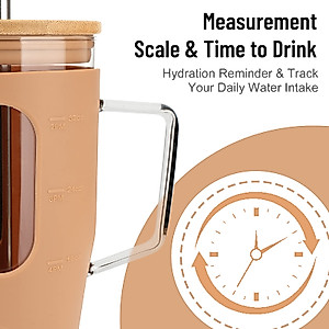Zukro 40 oz Glass Tumbler with Handle and Wide Straw, Drinking Cup With Bamboo Lid For Water, Iced Coffee, Time Marker to Dink, Large Smoothie Cup with Silicone Sleeve, BPA Free, Fit Cupholder, Khaki