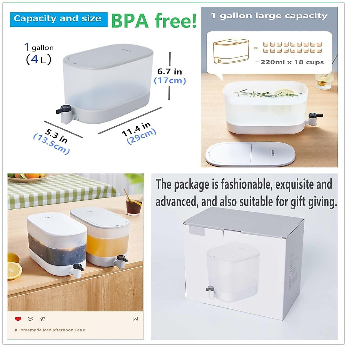 JADERY Plastic Drink Dispenser with Spigot, 1 Gallon Beverage Dispenser Cold Drink Container for Iced Tea