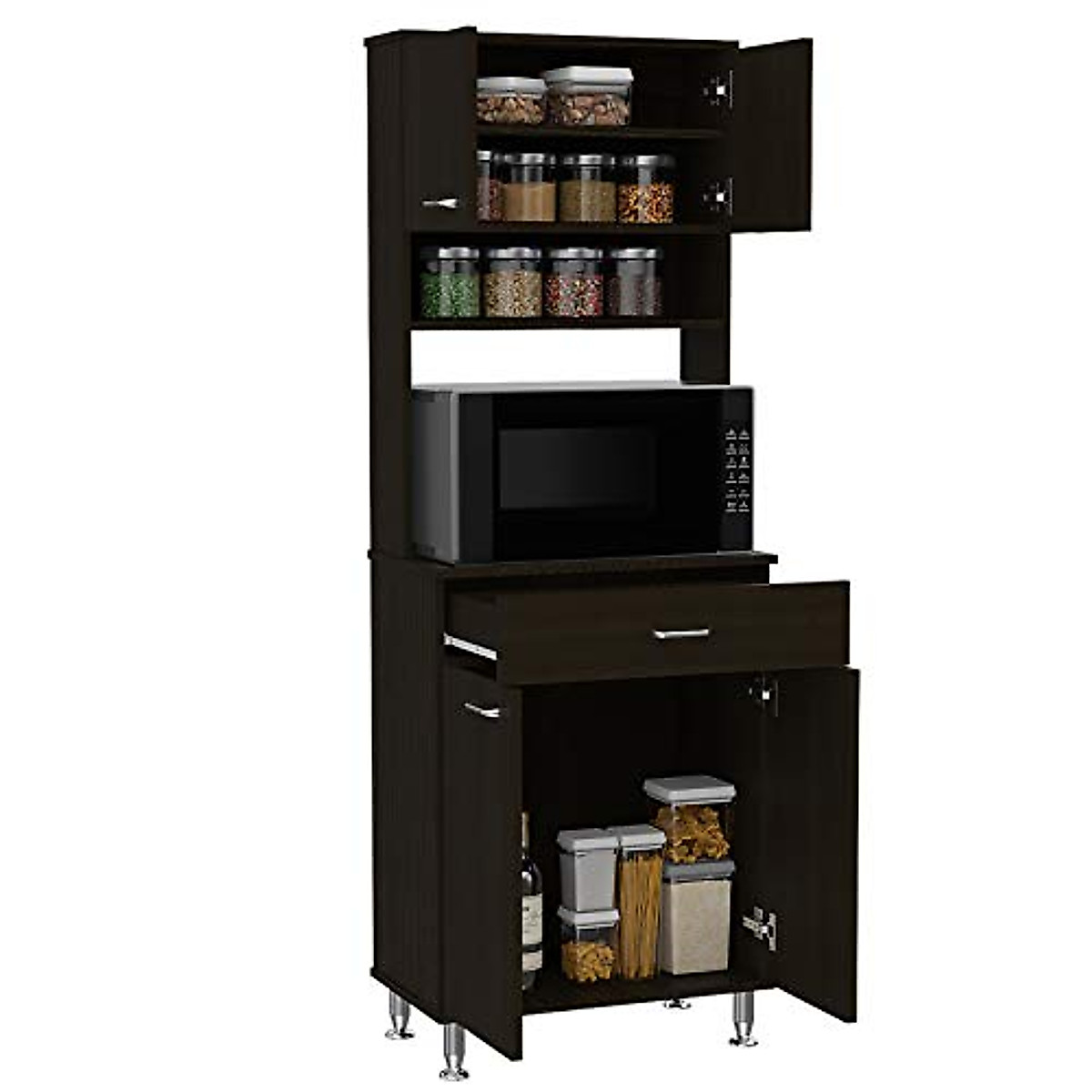 Helis 60 Kitchen Pantry 66,5" H with Microwave Shelf, Two Storage Cabinets, Black