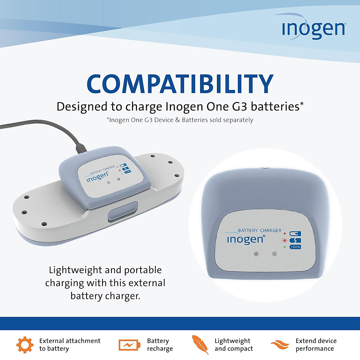 Inogen One G3 External Battery Charger - Lightweight and Portable Charging for The Inogen One G3-0.12 lb. - 3.13 in. W x 2.75 in. L x 1 in. H