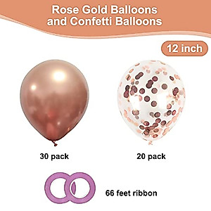 RUBFAC 50pcs Rose Gold Balloon Metallic Confetti Balloons 12 Inch Latex Balloons with 66ft Ribbon for Birthday Party Decorations