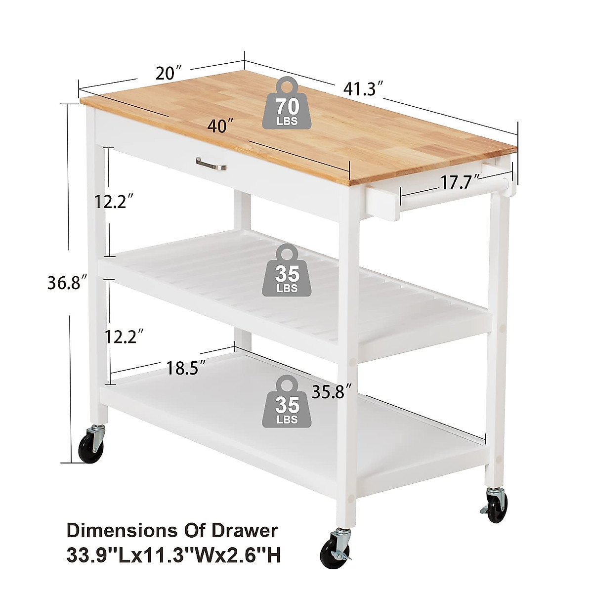 Kitchen Island Carts on Wheels with Storage – Mobile Rolling Cart with Storage Drawer and Shelves, Kitchen Islands Table with Towel Rack, Rubberwood Top, for Kitchen and Dining Room, White