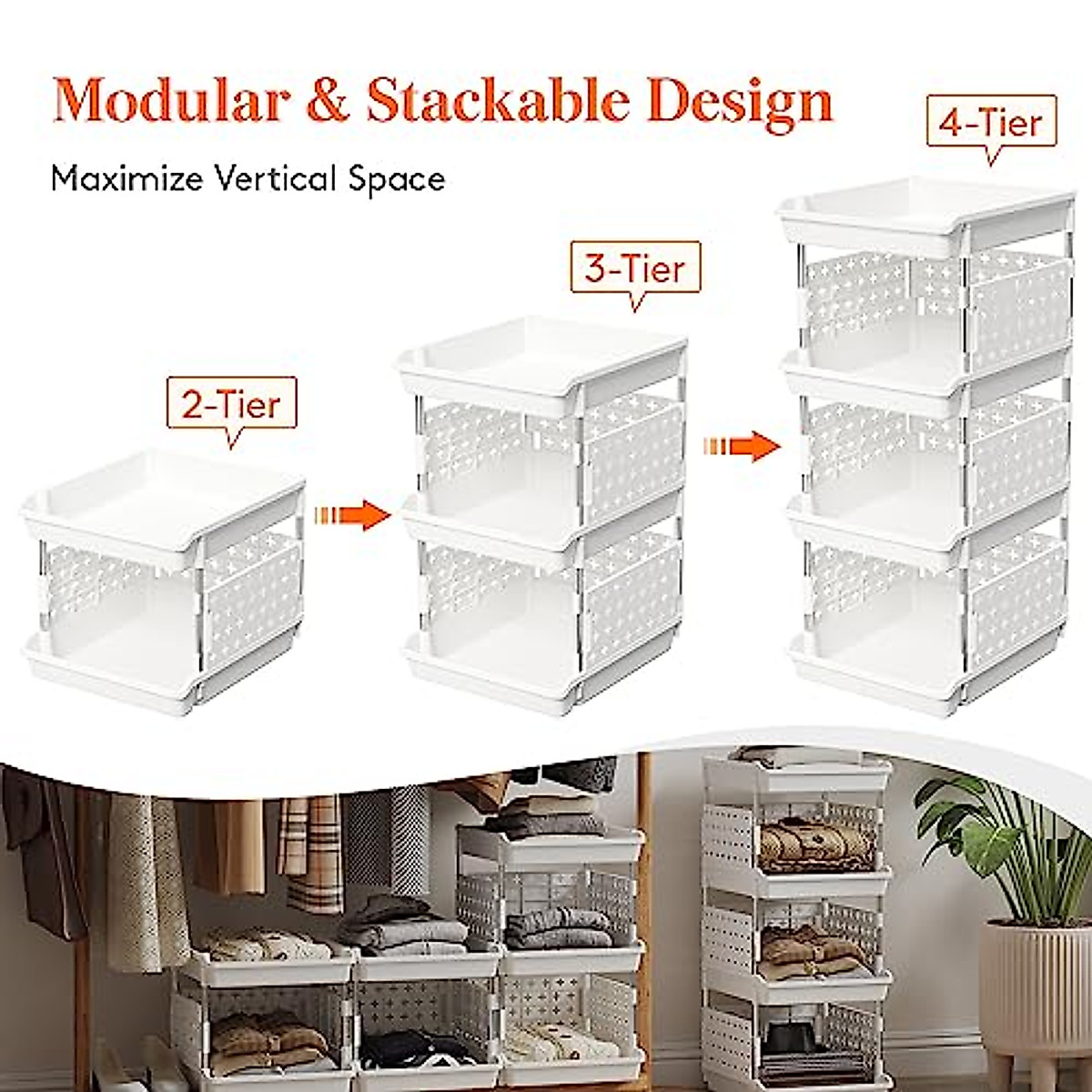 Lifewit Plastic Stackable Storage Baskets, 4 Tier Stacking Bins for Closet Wardrobe, Playroom, Kitchen and Pantry Organization, Large Capacity Multi-Functional Stackable Storage Containers Shelves