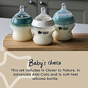 Tommee Tippee Baby’s Choice Bottle Set, 1x Closer to Nature, 1x Advanced Anti-Colic, 1x Silicone Baby Bottle, Breast-Like Nipples, 5fl oz, 0m+