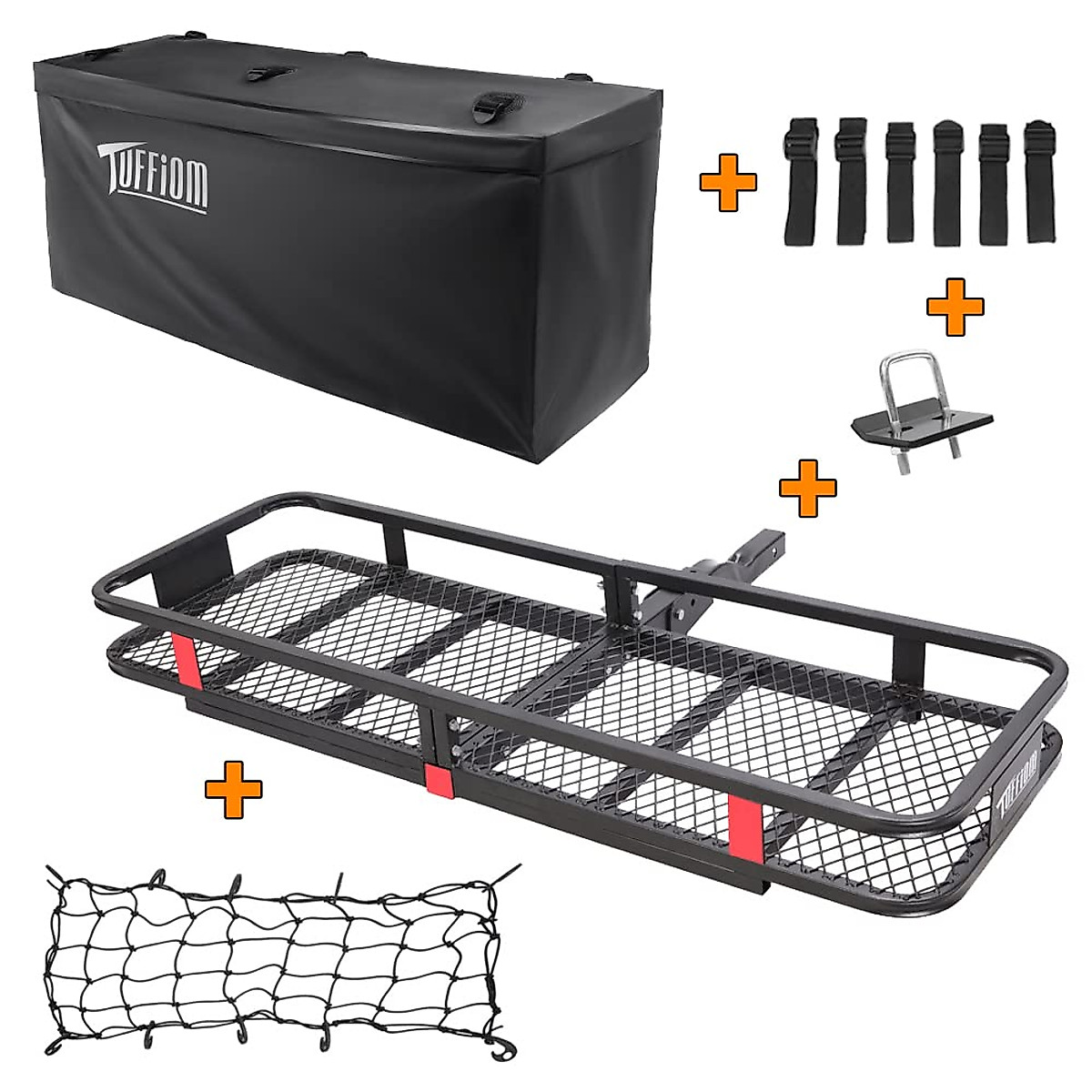 TUFFIOM 60"x20"x6" Folding Hitch Mount Cargo Carrier Basket, 500lbs Steel Car Cargo Trailer Hitch Luggage Rack with Net, Waterproof Cargo Bag, Straps & Stabilizer for SUV Car Truck Van