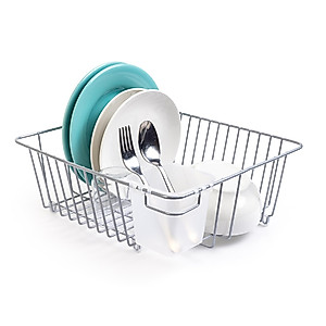 Smart Design Dish Drainer Rack - Small - in Sink or Counter Drying - Steel Metal Wire - Cutlery, Plates, Dishes, Cups, Silverware Organization - Kitchen (Silver - 14 x 5.5 Inch)