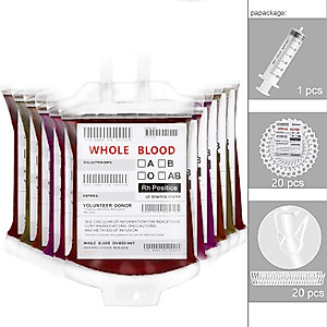 Blood Bags for Drinks Party Favor, Halloween Party Decorations Reusable Drink Pouch Dispenser Set of 20 IV Bags for Halloween, Theme Party, Costume Props,Vampire,Zombie,Nurse Graduation