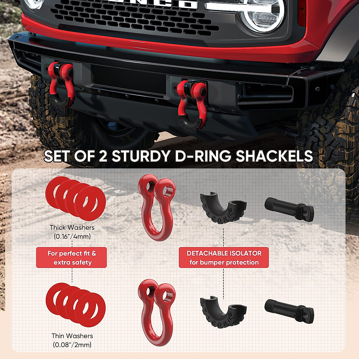 TICONN 2 Pack D Ring Shackle with 7/8" Screw Pin 57,000Ibs Break Strength, 3/4" Heavy Duty Shackles with Isolator & Washers for Tow Strap Winch Off Road Vehicle Recovery (Red/Black2)