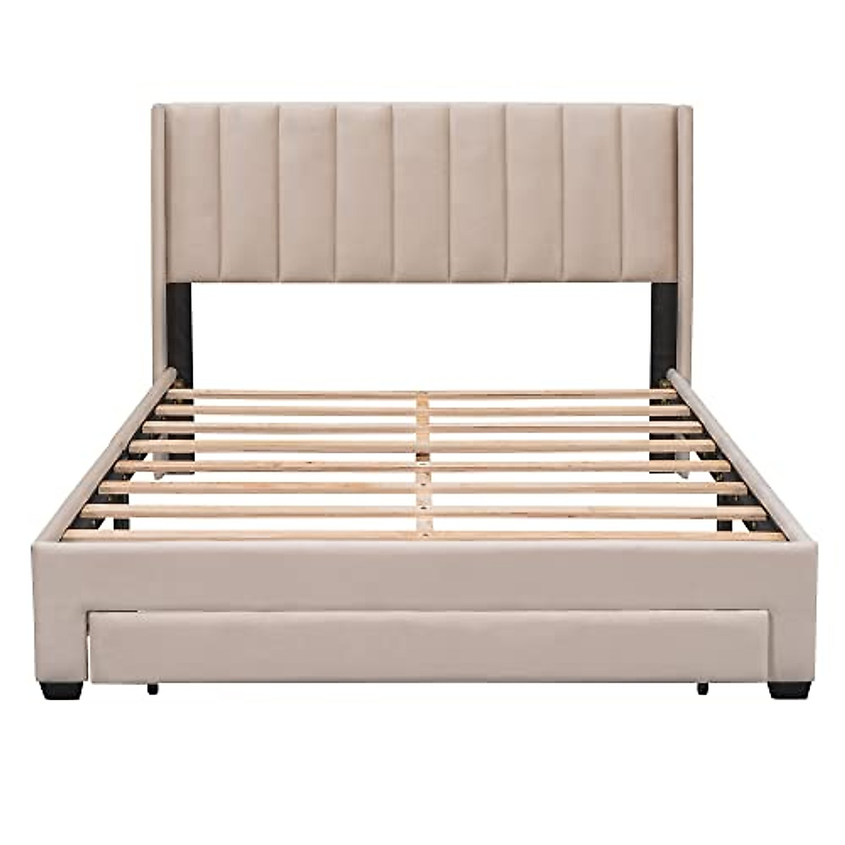 Prohon Queen Bed Frame with Wingback Headboard and A Big Storage Drawers on Endbed, Velvet Upholstered Platform Bed w/Wood Slats Support Mattress Foundation,No Box Spring Needed,Easy to Install,Beige