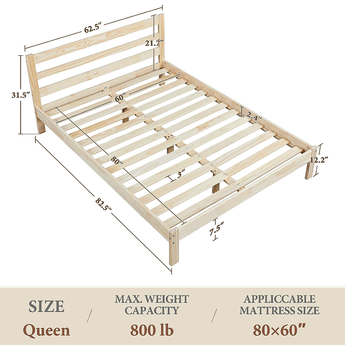 Yaheetech Queen Bed Frame Solid Pine Wood Platform Bed with Paneled Headboard, Wicklow Style/Wooden Slats Support/Noise-Free/7.5 inch Space Underneath/No Box Spring Need/Easy Assembly, Wood Queen Bed
