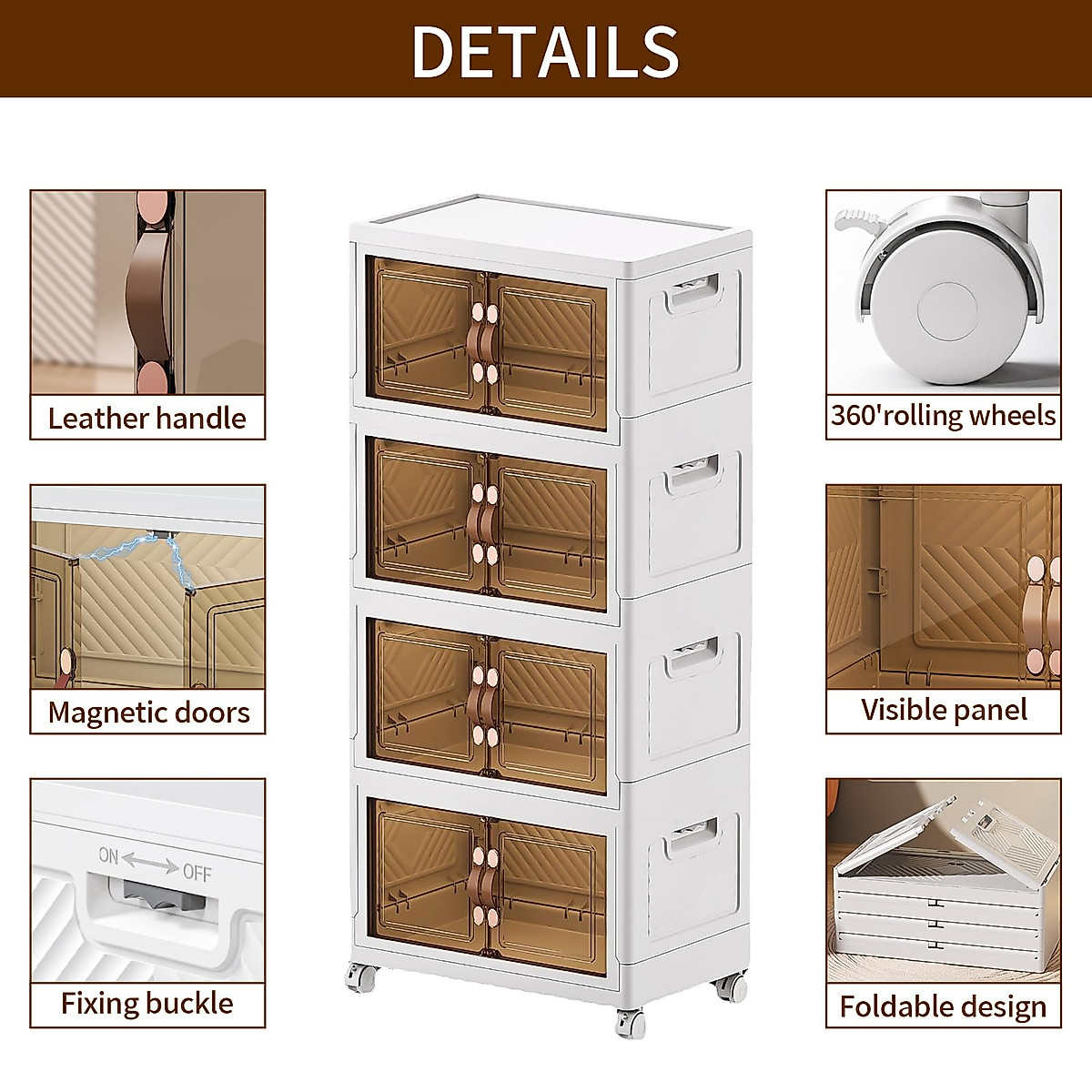 HPONQIONE Foldable Plastic Storage Box With Wheels and Doors XLLarge Storage Bin with Lid Organizers Stackable Storage Bins, Closet Organizers Double Door Magnetic with Universal Pulley(8.4Gal-4Pack)