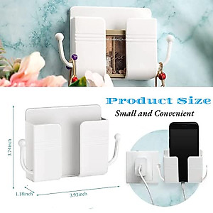 Grafken 4Pcs Wall Mount Phone Holder with Hooks,3M Adhesive Mobile Phone Charging Stand Holders, Remote Control Storage Box for Bedroom, Kitchen, Bathroom, Office and More (White)