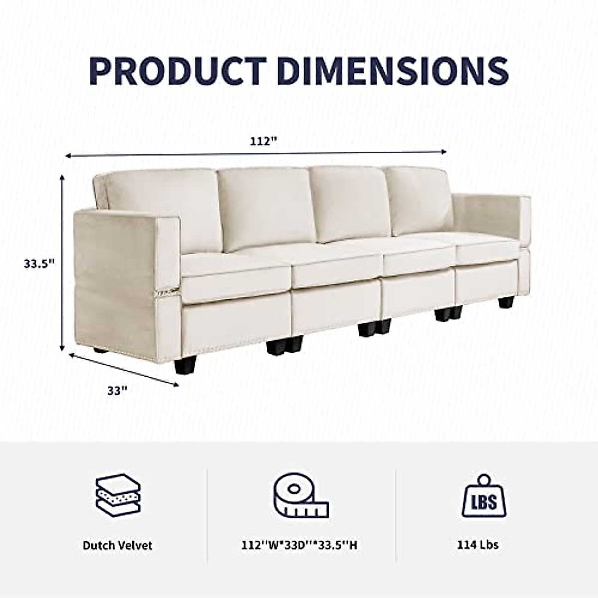 ZAFLY Sectional Sofa, 4 Seat Convertible Modular Beige Couch with Adjustable Backrest and Armrests I Shaped Sleeper Comfy Couch for Living Room