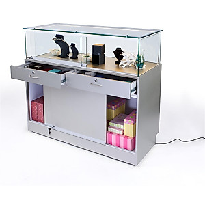 Displays2go Glass Merchandise Counter, Laminated MDF, Tempered Glass – Silver (GTLEDQ4SLV)