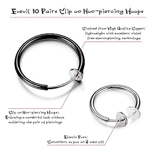 Evevil Fake Nose Ring Clip On Hoop Earrings For Women Faux Lip Septum Ring Spring Endless Hoop Earrings Non Piercing Lobes Men Women (10 Pairs,13mm-25mm,Steel Plated & Black Plated Color)