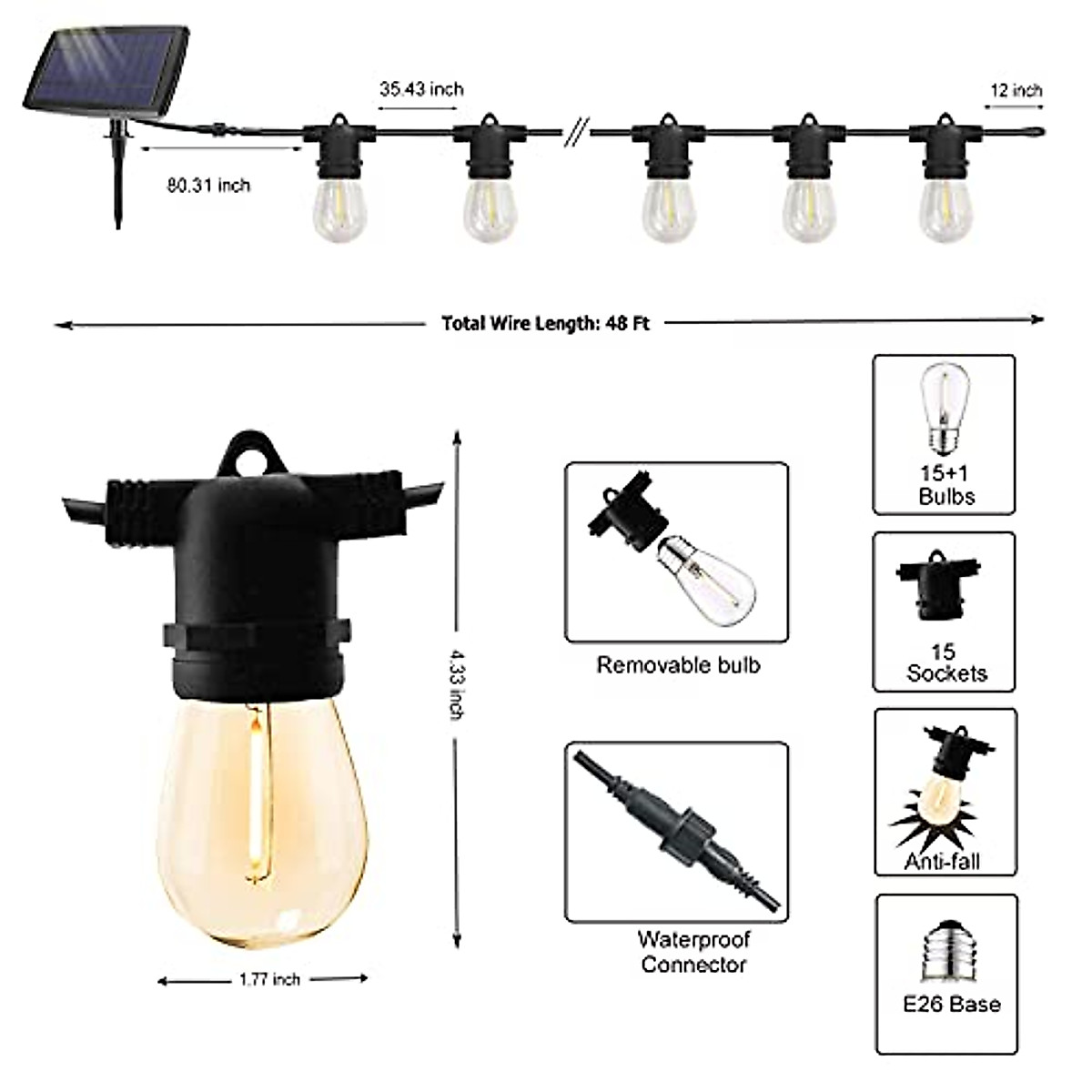DAMAING Solar String Lights Outdoor 48Ft LED String Lights with 16 Shatterproof Bulbs,USB Rechargeable Patio Lights with 4 Lighting Modes,Heavy Duty Waterproof Solar Powered String Lights