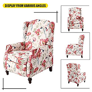 Consofa Upholstered Wingback Recliner Chair, Traditional Push Back Recliner with Padded Seat, Wingback Fabric Recliner Chair, Mid Century Modern Recliner Chair for Living Room (2,Red Floral)