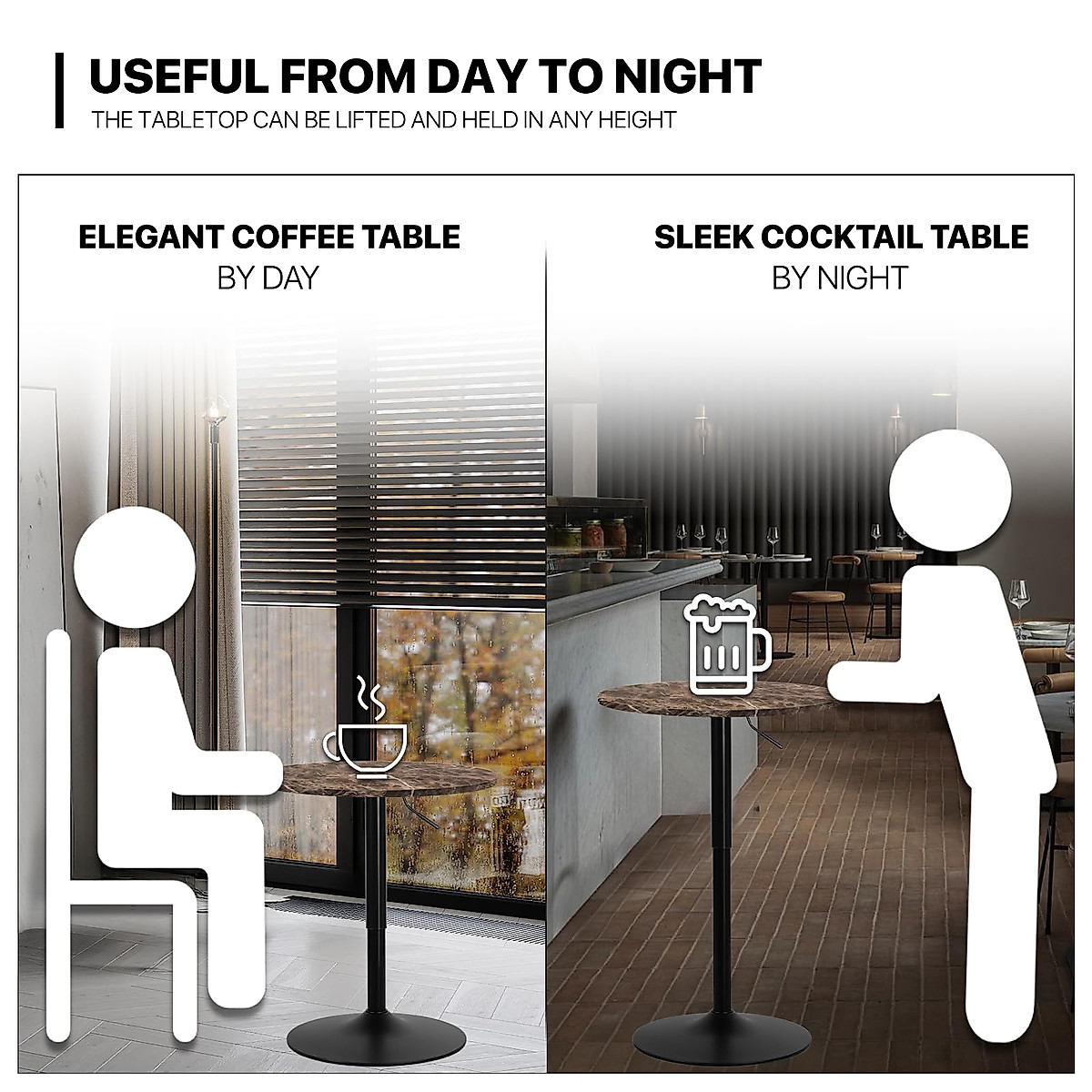 MoNiBloom Round Cocktail Bar Table with Metal Base, 23.5" Rotatable Tall Bistro Pub Table with Adjustable Height Brown Marble Texture Top Counter Bar for Kitchen Dining Room Living Room (Brown Rock)