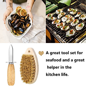 DXary Oyster Cleaning Brush Set, 2 Pieces Wood Oyster Brush with Oyster Shucking Knife Kit Natural Bristle Hair Hard Brush Suit For Kitchen Vegetable Oysters Seafood Brush Cleaning Tools (Wood)