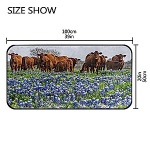 Cows Bluebonnets Spring Kitchen Rugs Cattle Animal Bath Mat for Bathroom Absorbent Non Skid Washable Standing Floor Desk Mat Runner Carpet for Home Office Hallway Sink Stove Laundry 39X20 inches