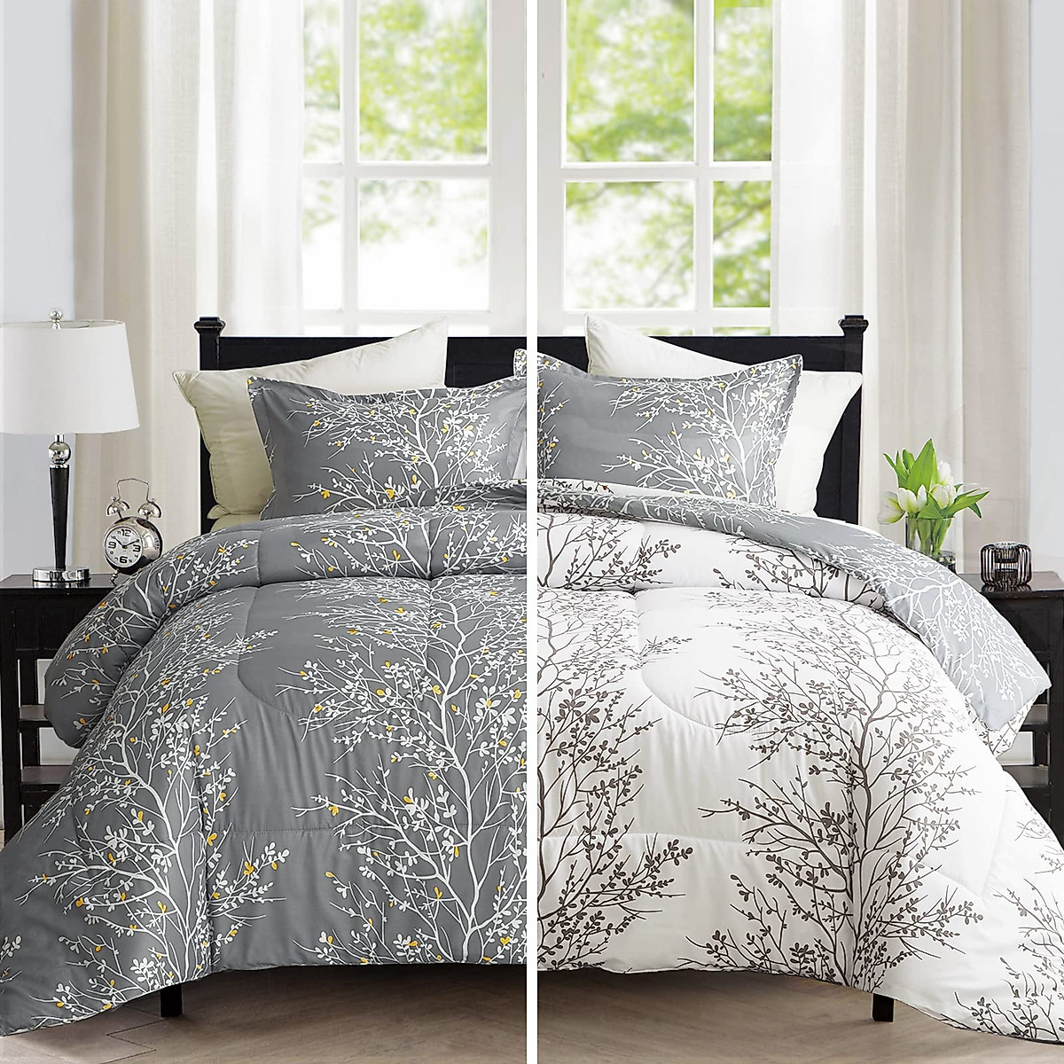Flysheep Gray Comforter Set Queen Size, Branch with Yellow Flower on Grey and White Reversible Modern Bedding Set, Ultra Soft Microfiber for All Season