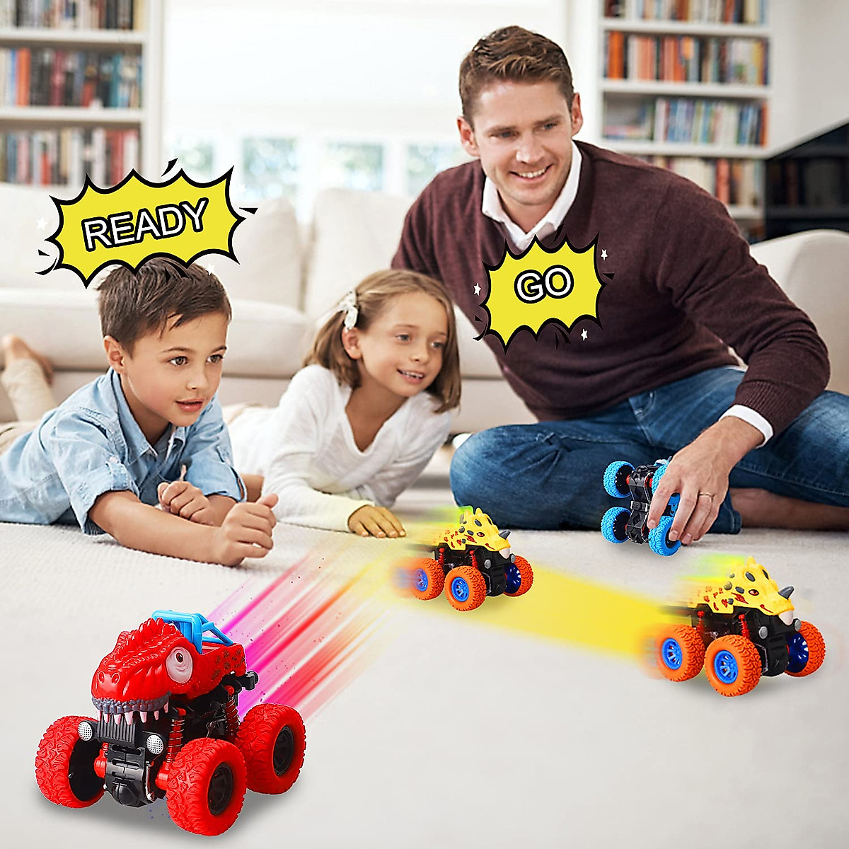 aovowog Monster Truck for Boys, 4 Pack Pull Back Cars, Friction Powered Cars for Kids, Dinosaur Truck Toys for 3 4 5 6 Year Old Boys - Christmas Birthday Party Gift for Kids