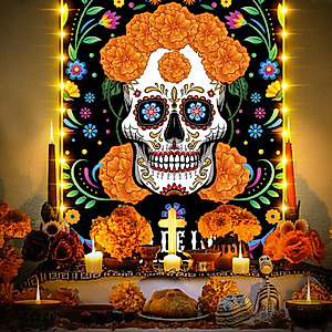 Preboun 3 Pcs Lighted Day of The Dead Porch Sign LED Mexican Halloween Decorations Dia De Los Muertos Day of The Dead Sugar Skull Marigold Flower Door Banner with Light for Halloween Party Decor