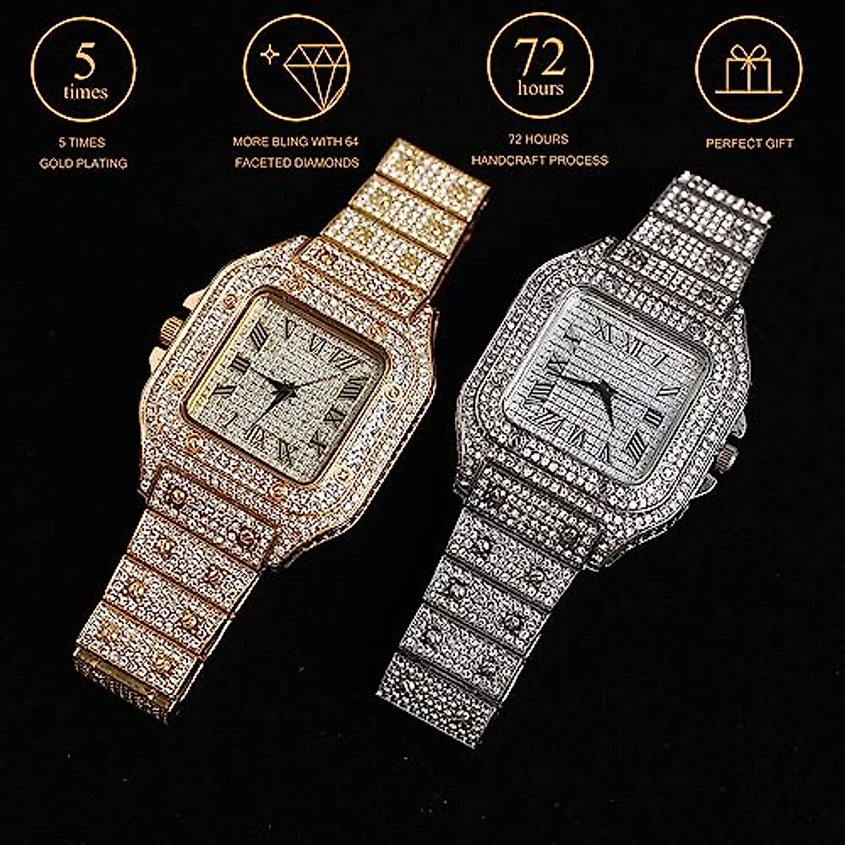 Halukakah Men's Diamond Watch - The King - 18K Gold Plated, 40MM Square Dial, Iced Out Wristband, Lab Diamonds Handset, Comes in Giftbox