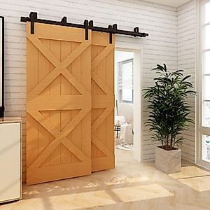 CCJH 9FT Bypass Sliding Barn Door Hardware Kit Double Track Low Ceiling Heavy Duty for Double Wooden Doors, Basic Hanger