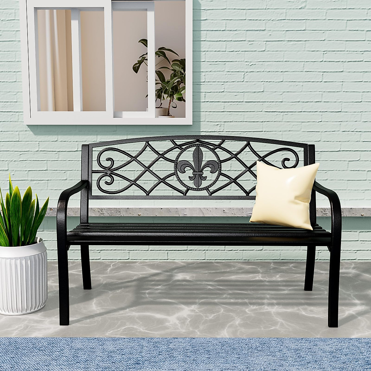 HCSH&WILL Outdoor Bench, Weatherproof Park Bench, Classic Garden Bench with Backrest & Armrests, Outdoor Metal Bench for Patio, Porch, Lawn and Yard, Black