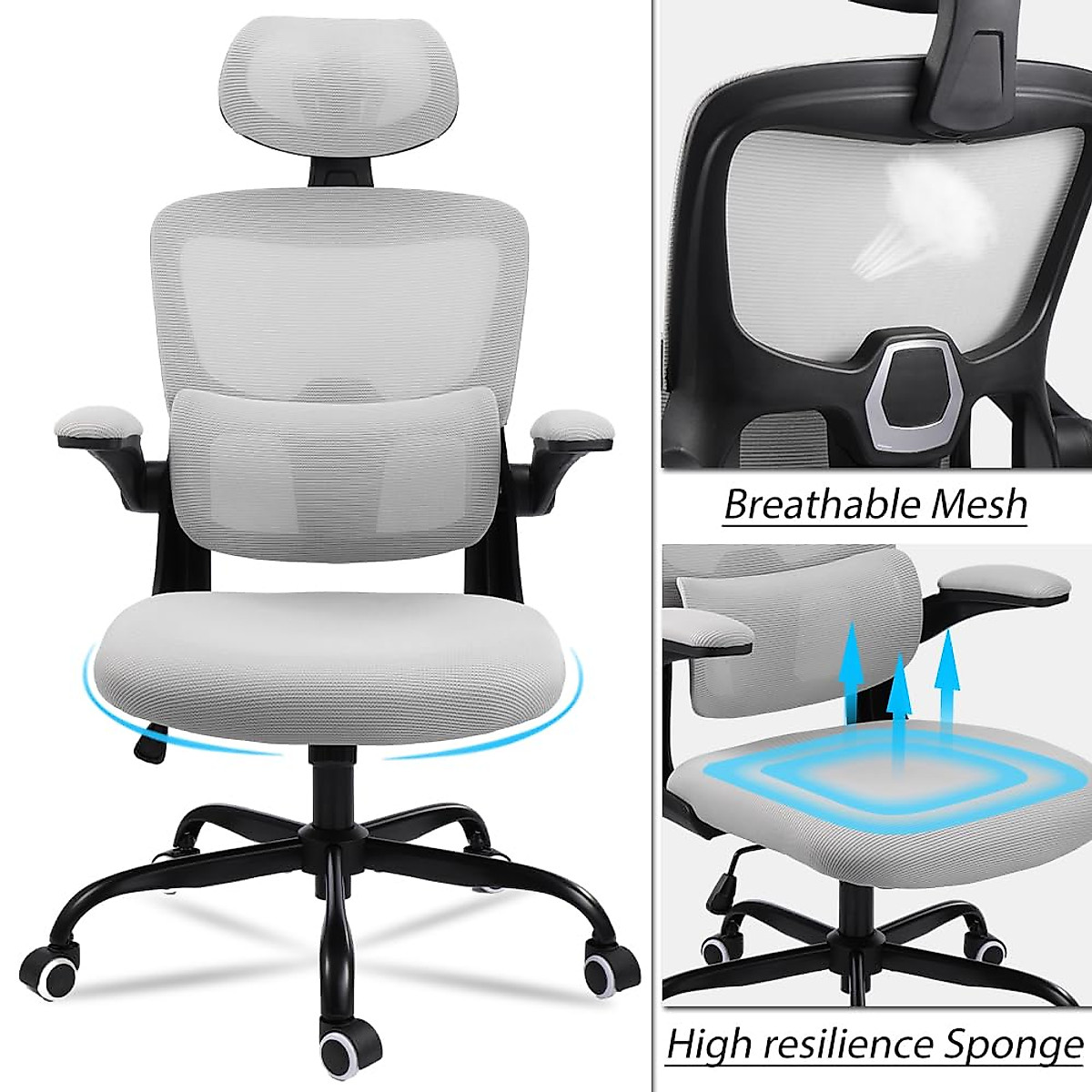 Ergonomic Office Chair Mesh Desk Chair Lumbar and Back Support Computer Chair with Adjustable Headrest Pillow 360 Swivel Casters and Flip-up Armrests for Home Office (Gray)