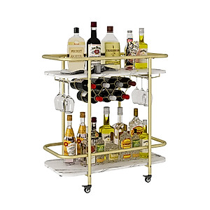 BENOSS Gold Bar Cart on Wheels, Home Bar Serving Carts, Modern Marbled Pattern Wine Cart with Glass Holder Wine Rack, Coffee Tea Drink Trolley, Beverage Bar Cart for the Home Kitchen Living Room Party