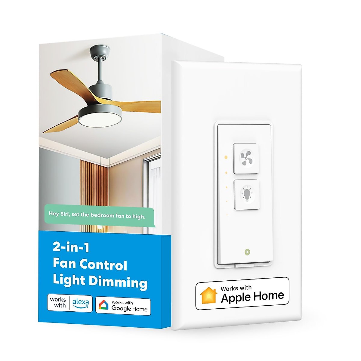 meross Smart Ceiling Fan Control & Dimmer Light Switch, Works w/Apple HomeKit, Alexa, Google & SmartThings, 4-Speed Fan Control, 2.4G Wi-Fi Fan and Light Switch Combo, Neutral Wire Needed, Single Pole