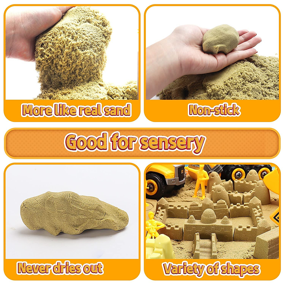 YIDESTARS Play Construction Sand Kit,2.2lbs Magic Sand W/4 Large Take Apart Construction Trucks,1 Sandbox,8 Worker Figures and Road Signs,8 Molds,Toys for 2-8 Years Old Boys Girls