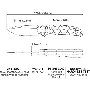 OKNIFE Rubato 3 Folding Knife for Men, EDC Pocket Knife Aluminum Handle, 154CM Steel Blade Rail Lock, Outdoor Camping Knives, Gunmetal Grey
