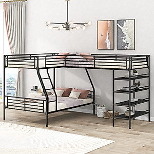 Harper & Bright Designs Metal Twin Over Full Bunk Bed with a Loft Attached, Triple Bunk Bed Frame Built-in Four Storage Shelves, L-Shaped 3 Bed Bunk Beds with Guardrails and Ladders, Black