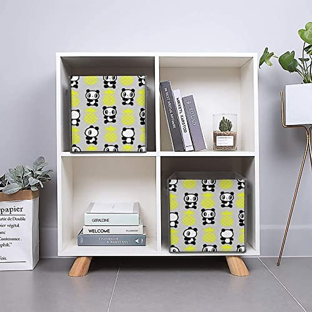 Panda Pineapple PU Leather Collapsible Storage Bins Canvas Cube Organizer Basket with Handles