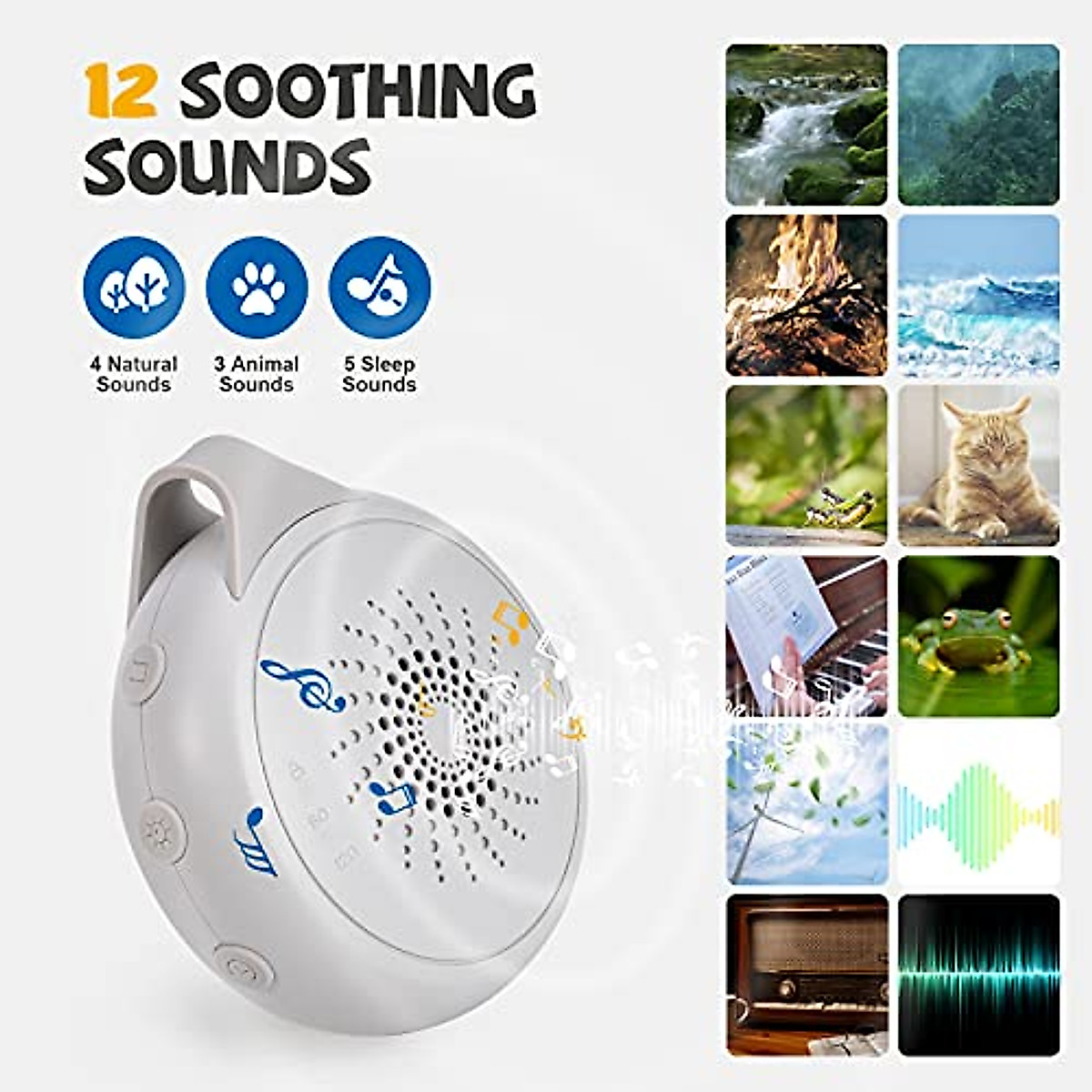 Portable Sound Machine, White Noise Machine with Night Light for Baby & Adults by COMSYNC, Sleep Soothers with 12 Soothing Sounds for Stroller or Car Seat, Rechargeable, Child Lock & Timer