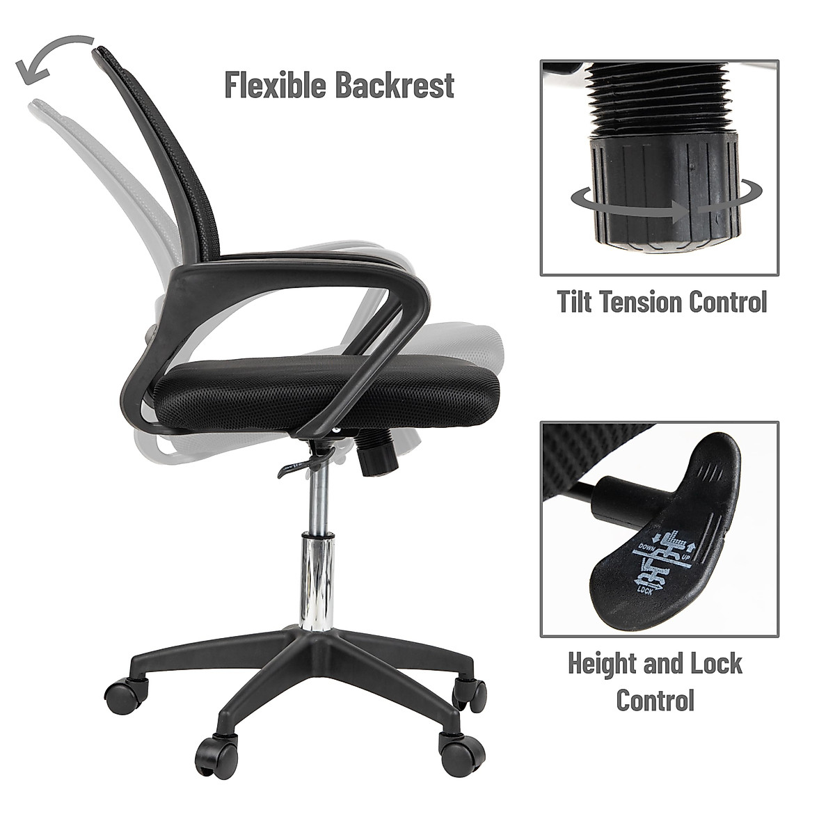 Mind Reader Office Chair with Wheels, Height Adjustable, Desk Chair, Office, 23" L x 21" W x 34.25-38" H, Black