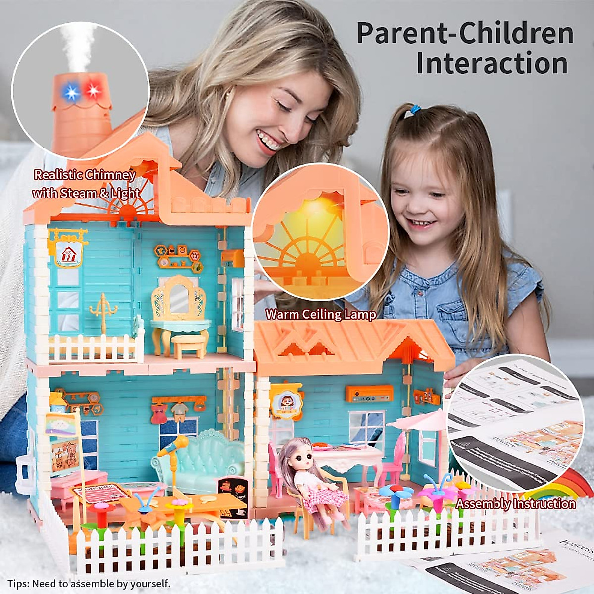 RASSR Doll House Kit 4-5 Year Old with Dollhouse Furniture & Accessories, Toddler Girls Princess Doll House 2-3 Year Old with Lights, Chimney and Garden Building Toys, DIY Pretend Dollhouse Playset